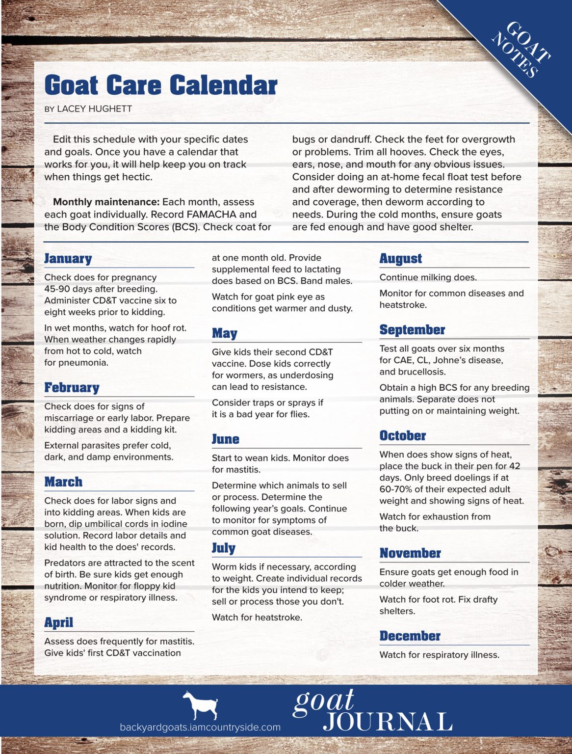 Goat Care Calendar - Goat Journal